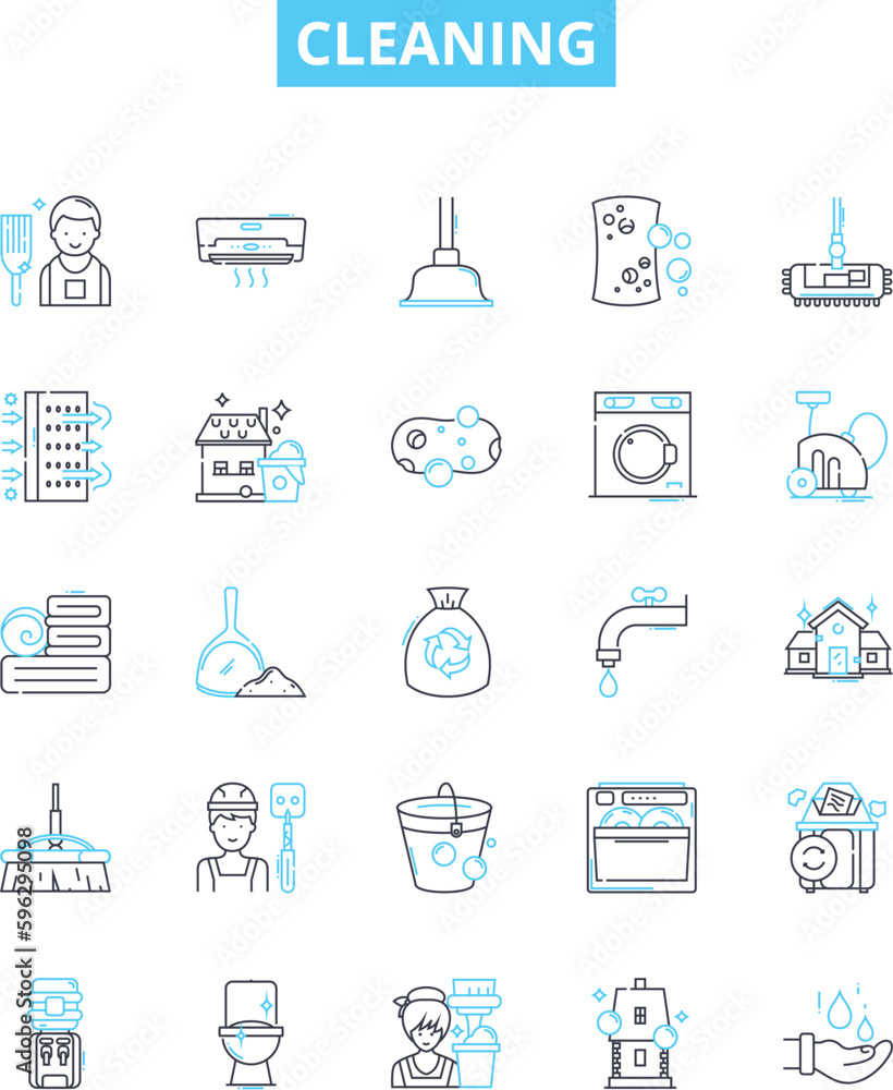 Cleaning vector line icons set. Scrubbing, Polishing, Washing, Sweeping ...