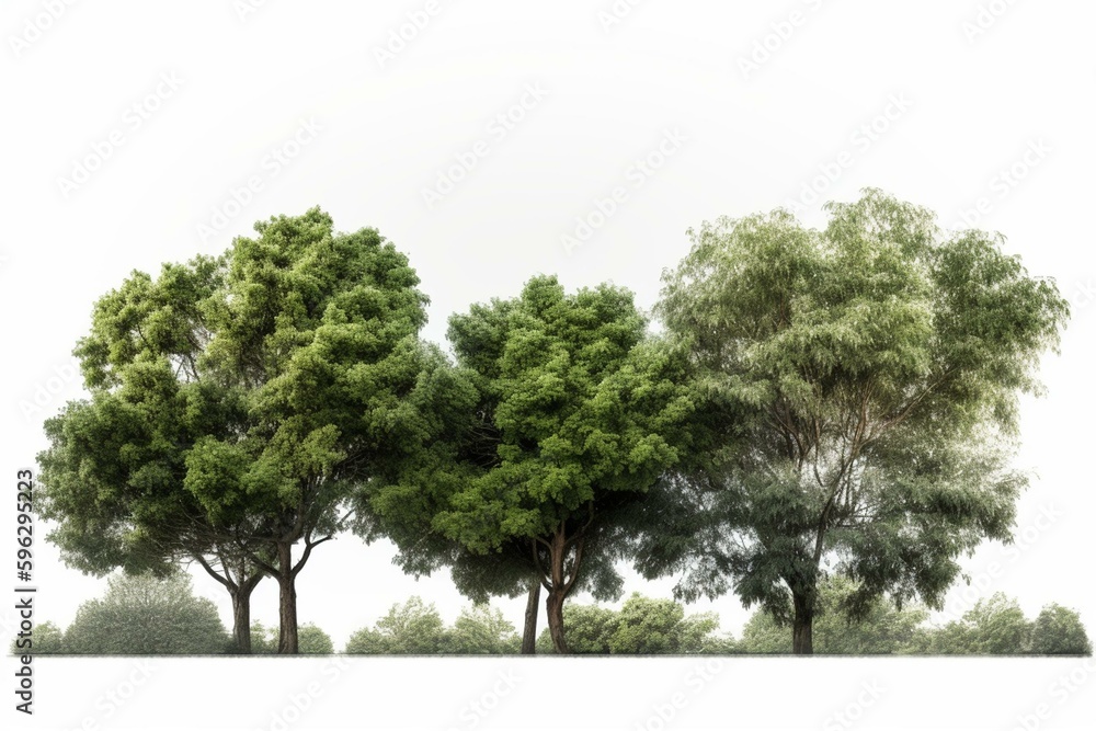 A cluster of trees shown with green foliage against a plain white ...