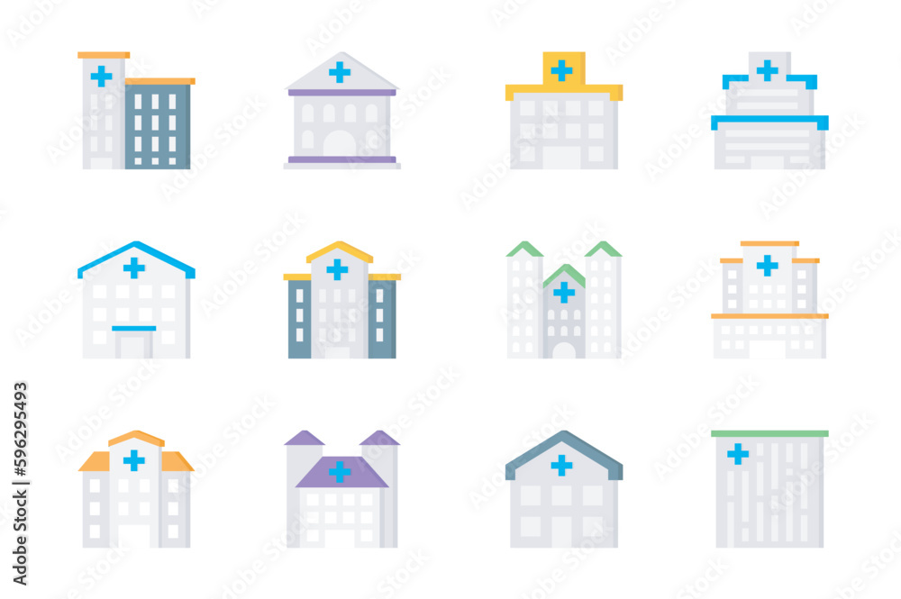 Hospital buildings 3d icons set. Pack flat pictograms of different ...