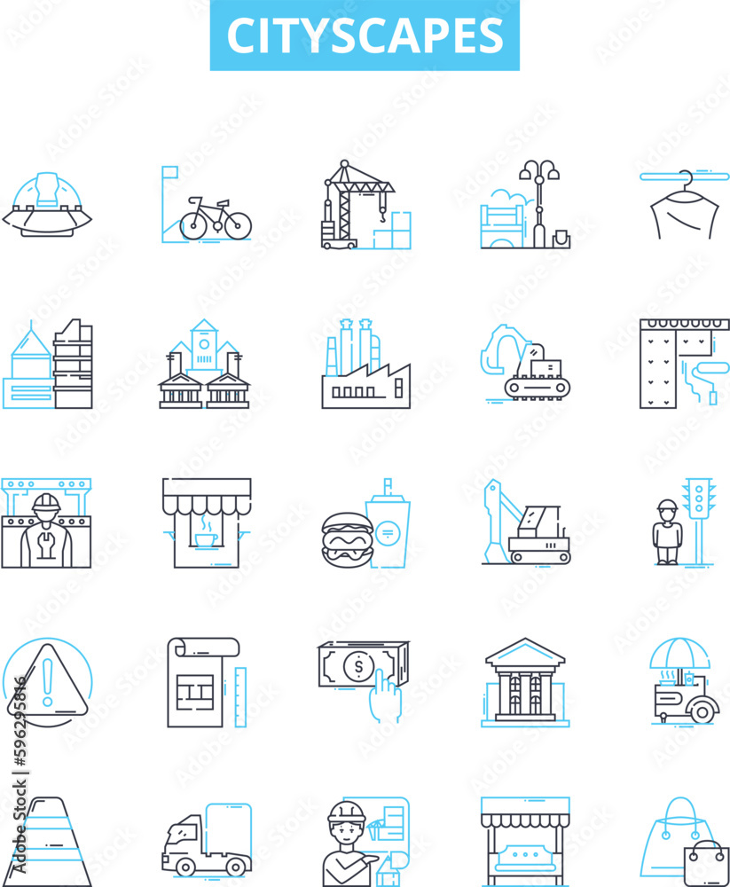 Cityscapes vector line icons set. Urban, skyline, metropolis ...
