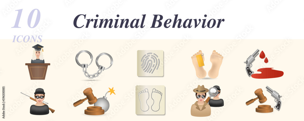 Vetor de Criminal behavior set. Creative icons: prisoner, thief, hacker ...