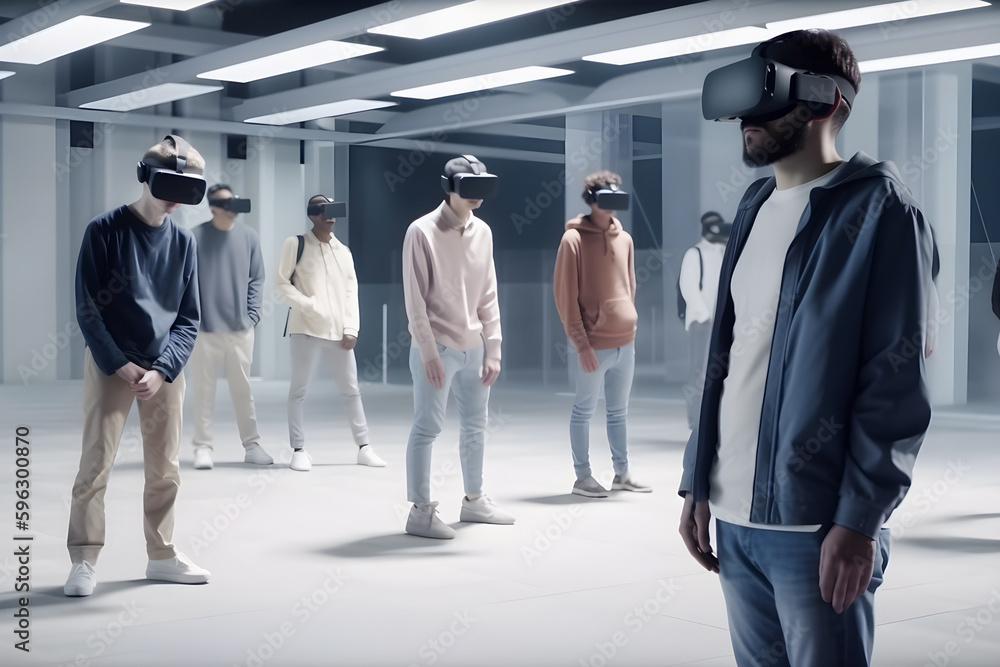 VR People, people wearing virtual glasses in a large room like a hangar ...