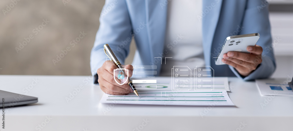 Businessman working with computer Document Management System the sign ...