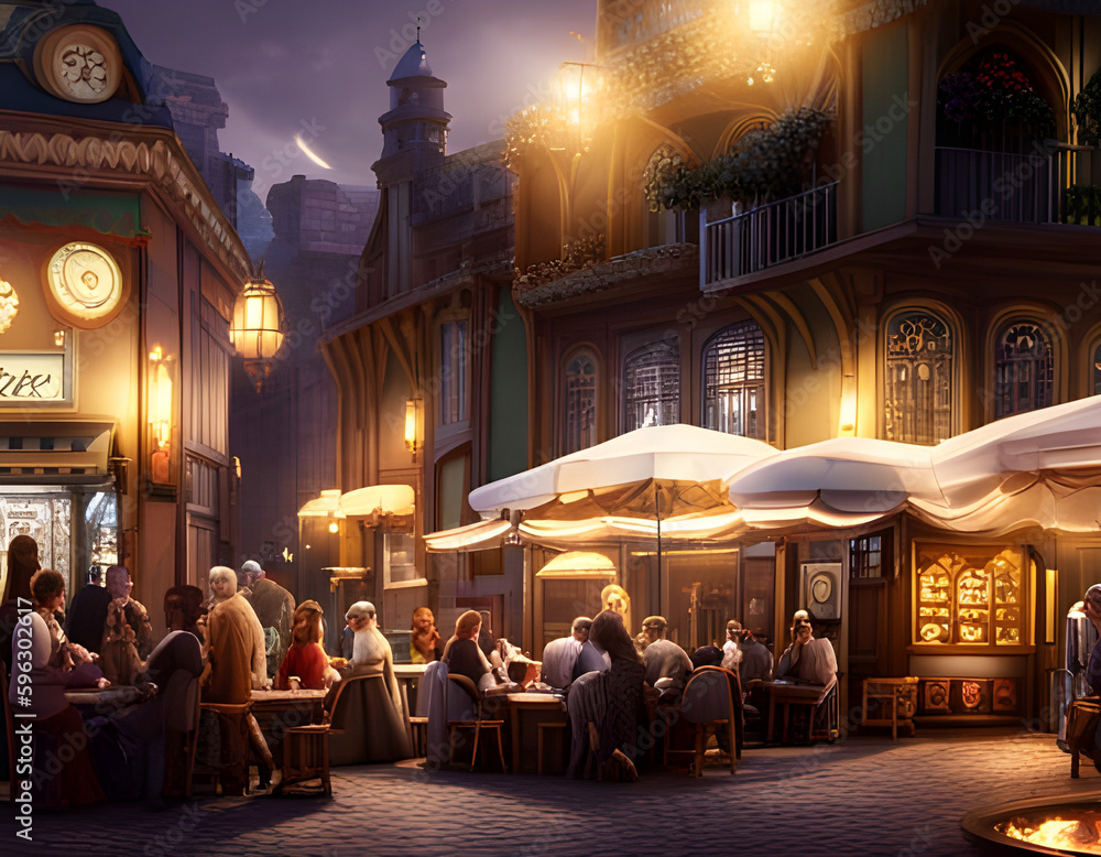 ภาพประกอบสต็อก Cozy magical café courtyard at night. Warm glow over ...