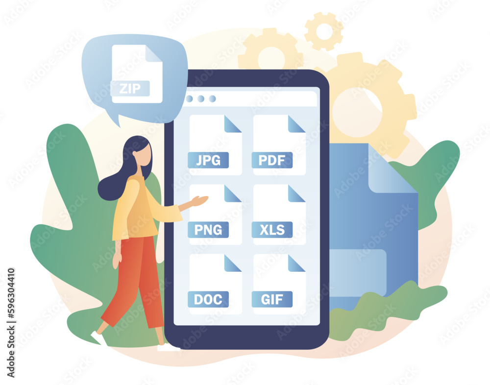 Various file formats in smartphone. File type: jpg, pdf, doc, zip, gif ...