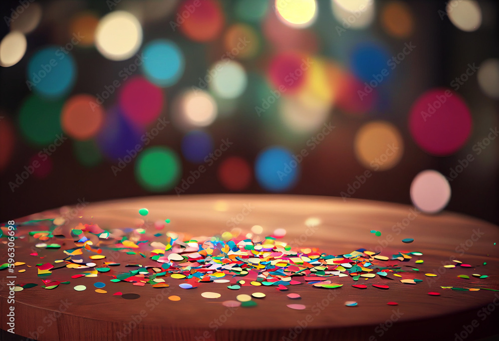 Wooden texture table top on blurred falling colorful confetti ...