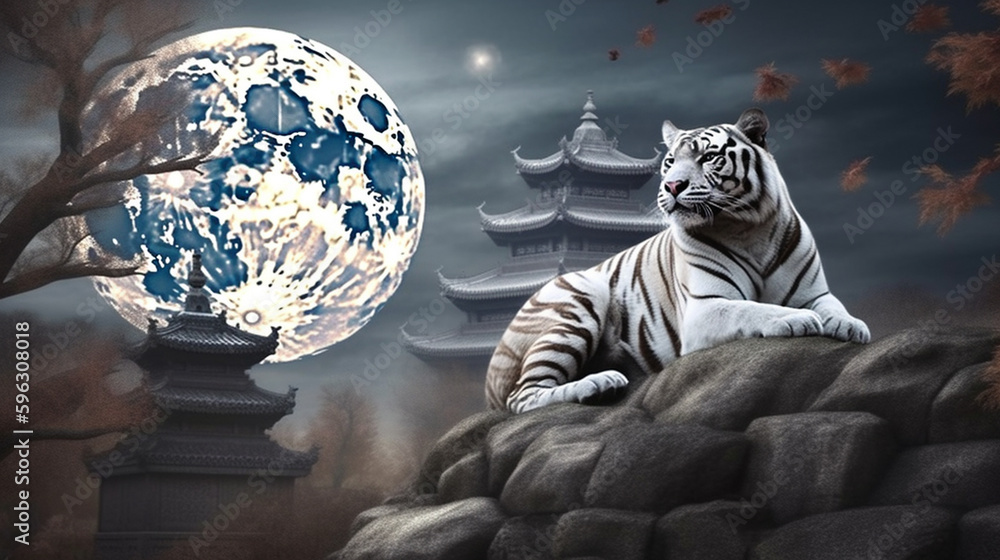 White tiger in front of Chinese temple and moon,generative ai Stock ...
