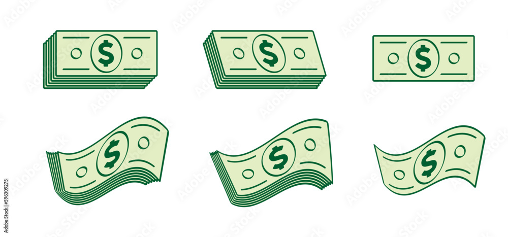 Cartoon bundle usa paper money icon or logo. Vector dollar, money notes ...