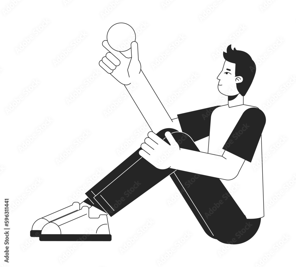 Thoughtful man sitting with ball in hand flat line black white vector ...