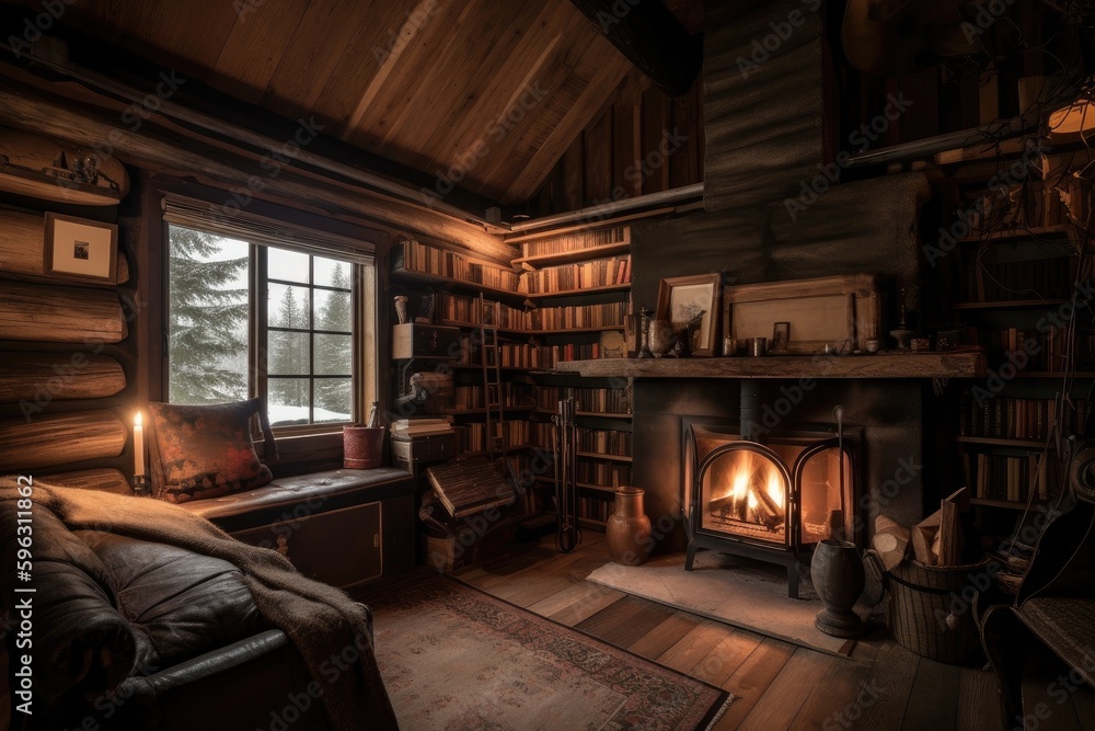 cozy cabin retreat with roaring fireplace and stack of books for ...