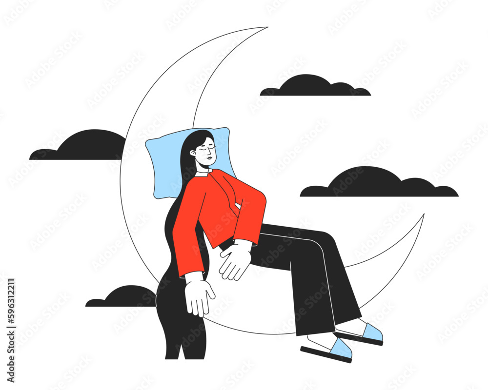 Healthy sleep hygiene flat line concept vector spot illustration. Woman ...