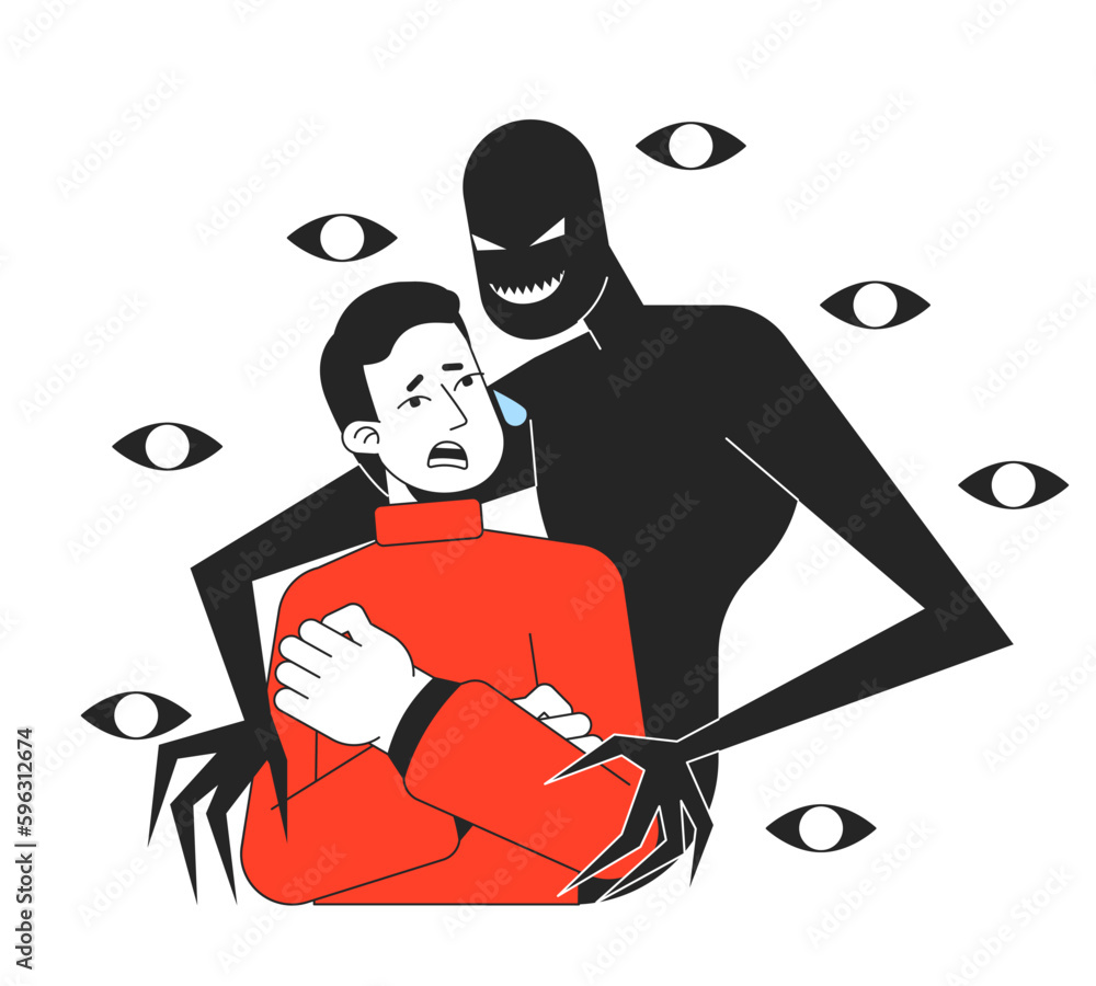 Phobia disorder flat line concept vector spot illustration. Man feeling ...