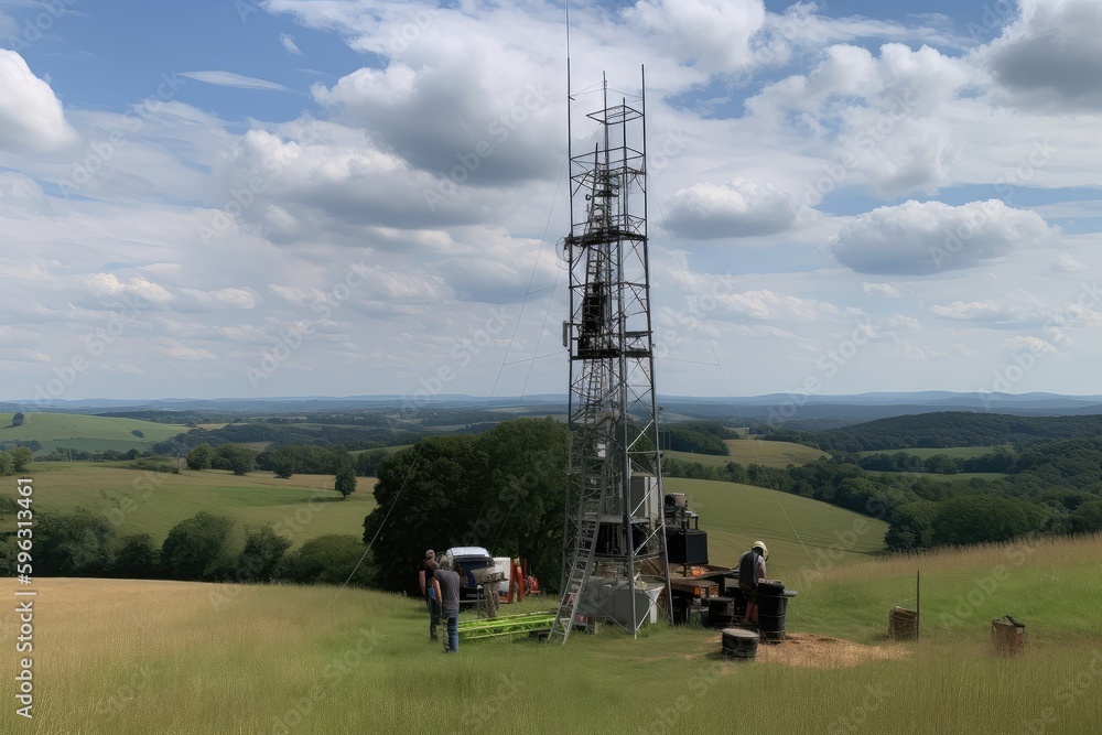 crew, installing new 5g tower in rural area, with view of rolling hills ...