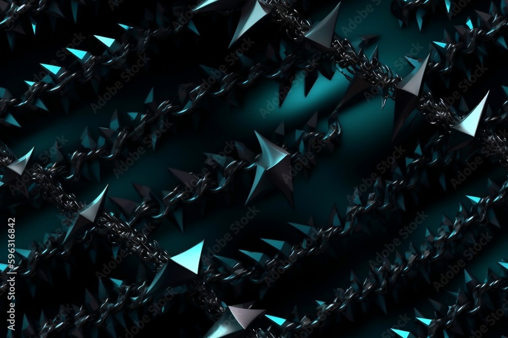 spikey blue chrome chains on a dark background, digital 3d texture ...
