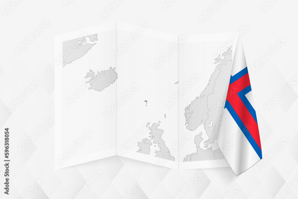 A grayscale map of Faroe Islands with a hanging Faroe Islands flag on ...