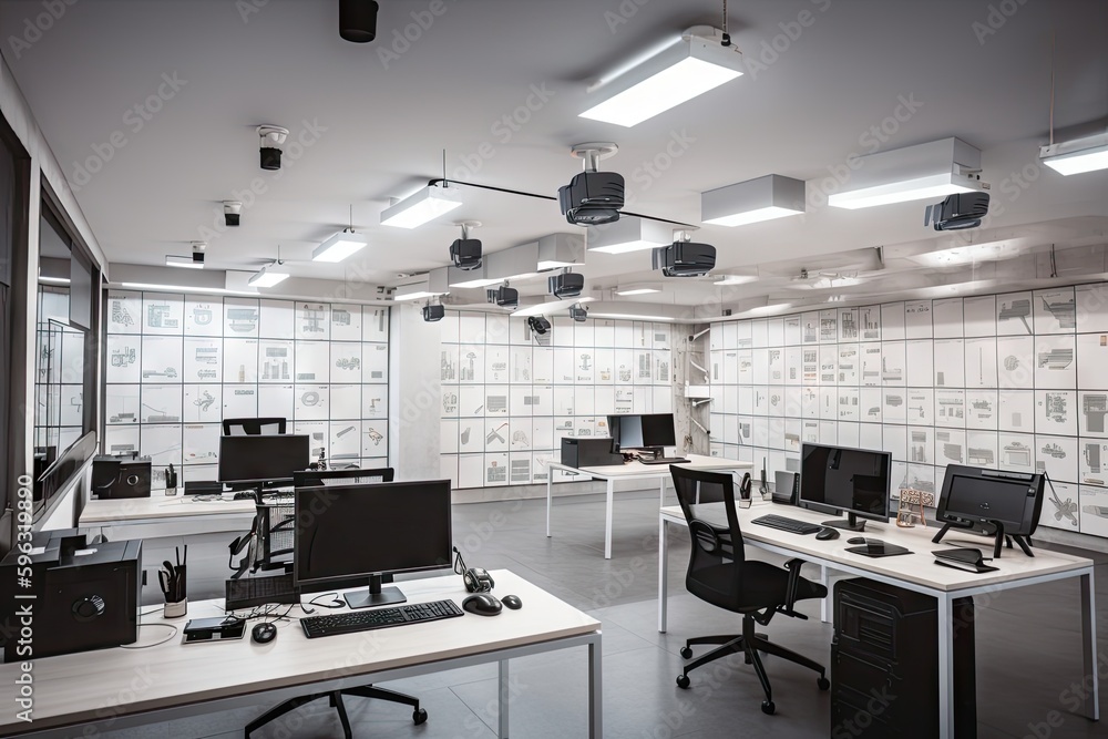 room with ceiling-mounted sensors, cameras and other devices for ...