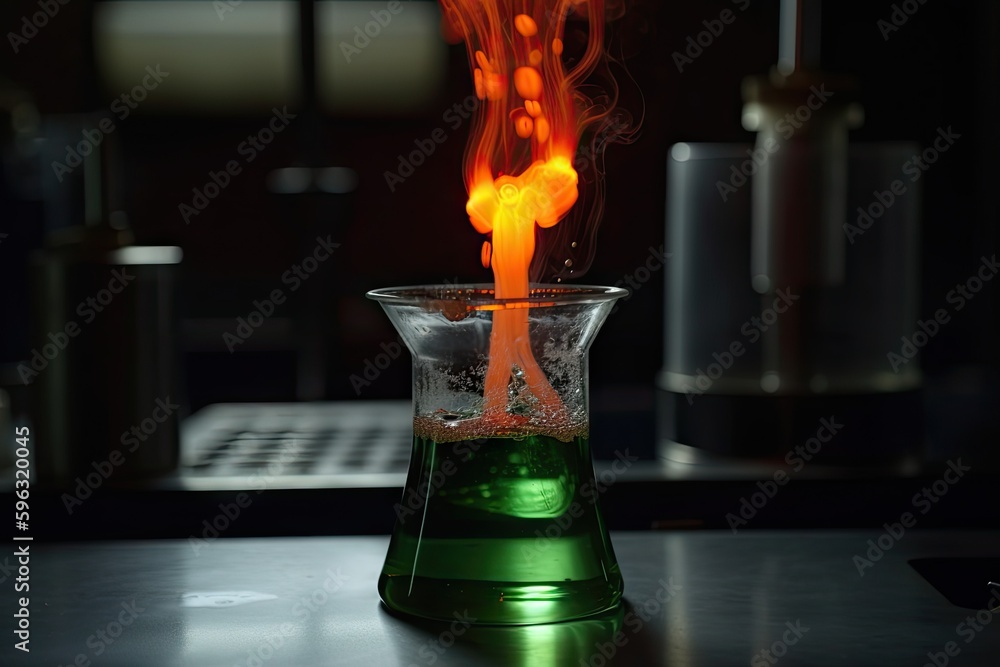 glass beaker, filled with bubbling green liquid, being heated by bunsen ...