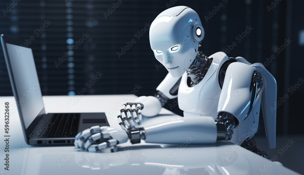 AI chatbot robot assistant sitting at desk using computer as artificial ...