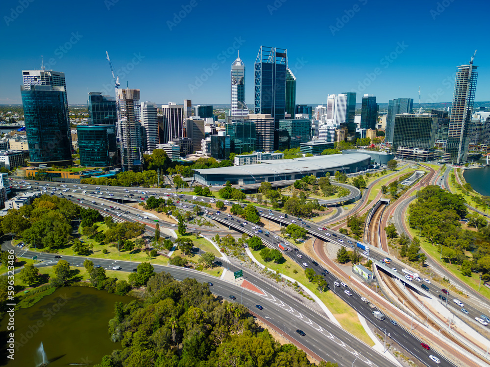 Aerial view of Perth city and highway traffic in Australia Stock Photo ...
