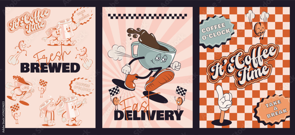 Coffee retro cartoon fast food posters. Comic character, slogan, quotes ...