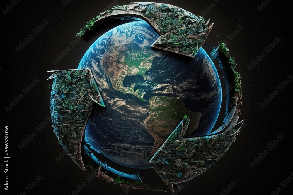 Earth planet illustration and recycling symbol, sustainability concept ...
