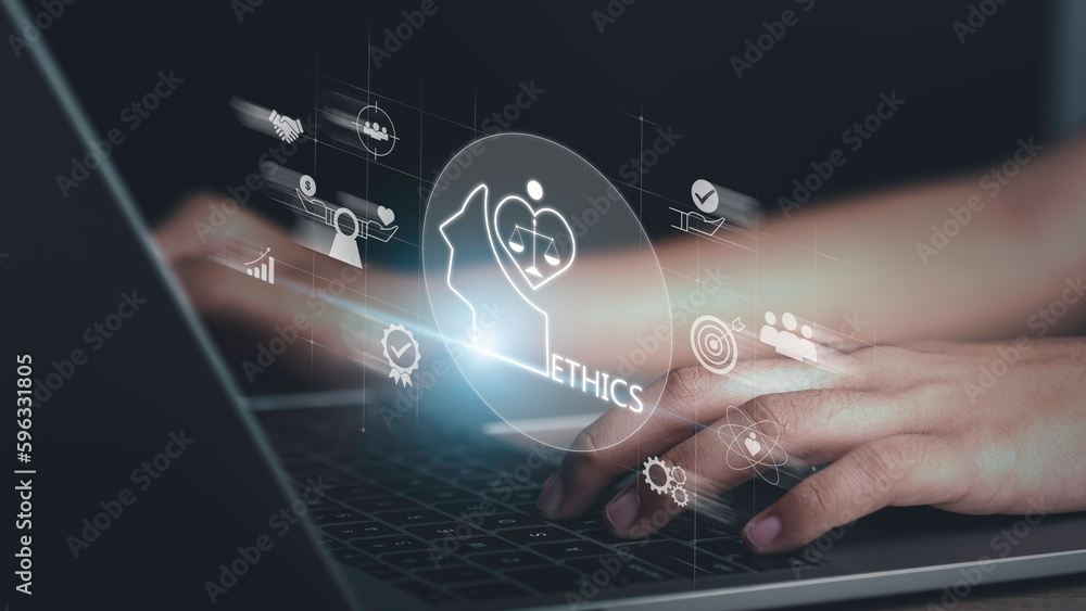 Businessman touch on virtue ethics inside human mind, moral, strategy ...