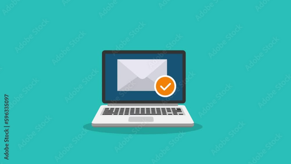 email animation with orange check mark icon.Laptop computer pc flat ...
