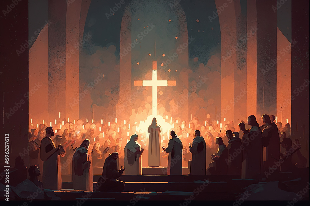 Choir singing and praising Jesus with light cross in the background ...