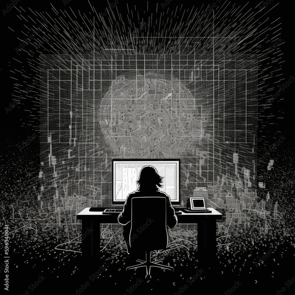 ascii art, the image is made of symbols in a grid, a person typing at ...