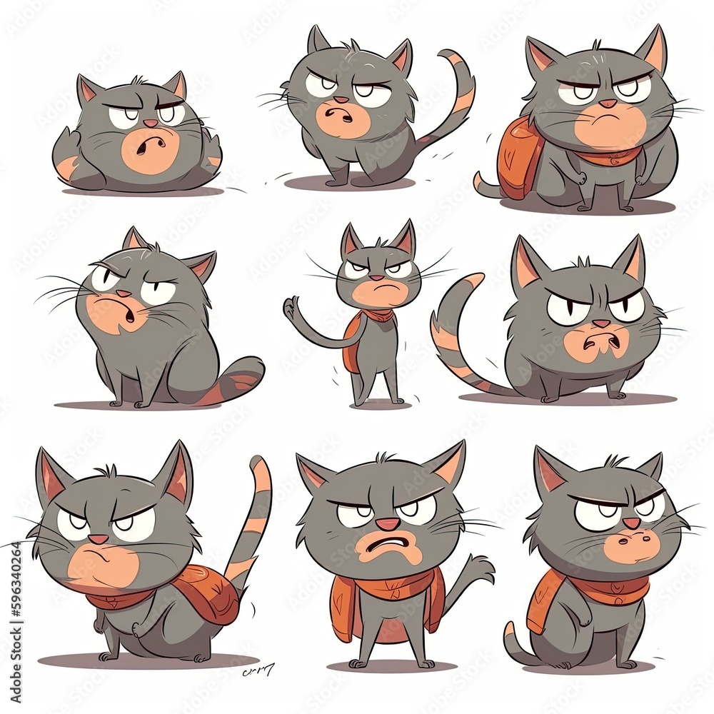 cat character sheet, cartoon style, cute, character design, multiple ...