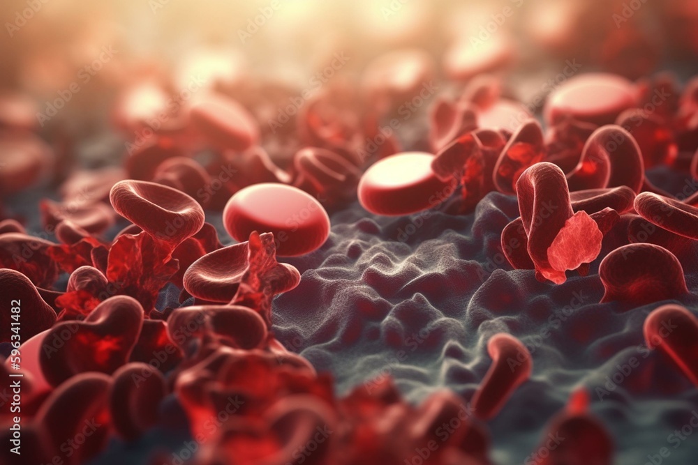 3D render of Streptococcus pneumonia bacteria and red blood cells in a ...