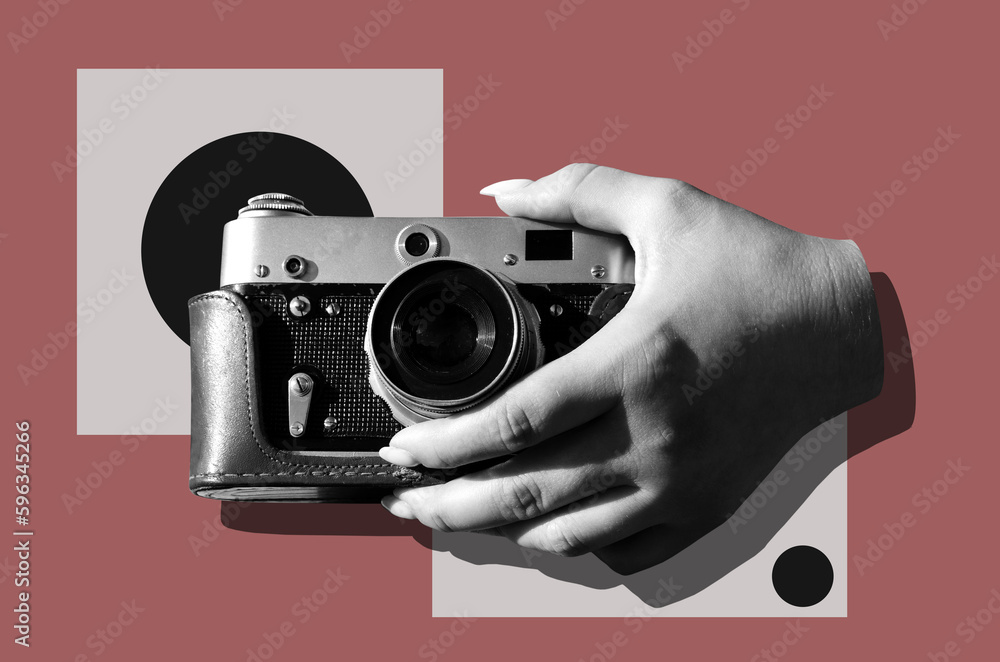 Digital collage with female hands holding vintage film camera Stock ...