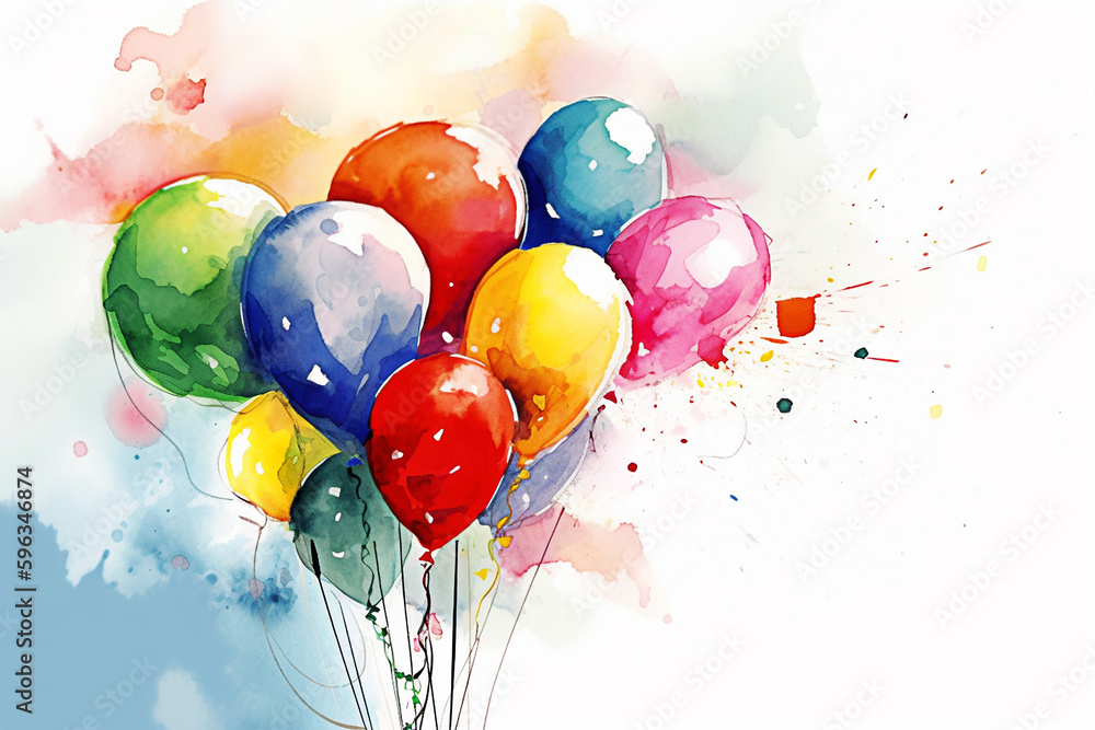 Colorful balloons with watercolor splashes on a white background ...