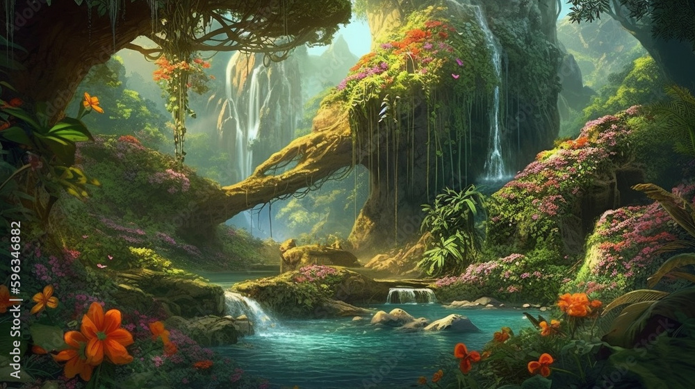 dreamy fantasy waterfalls in deep jungle lush vegetation and flowers ...