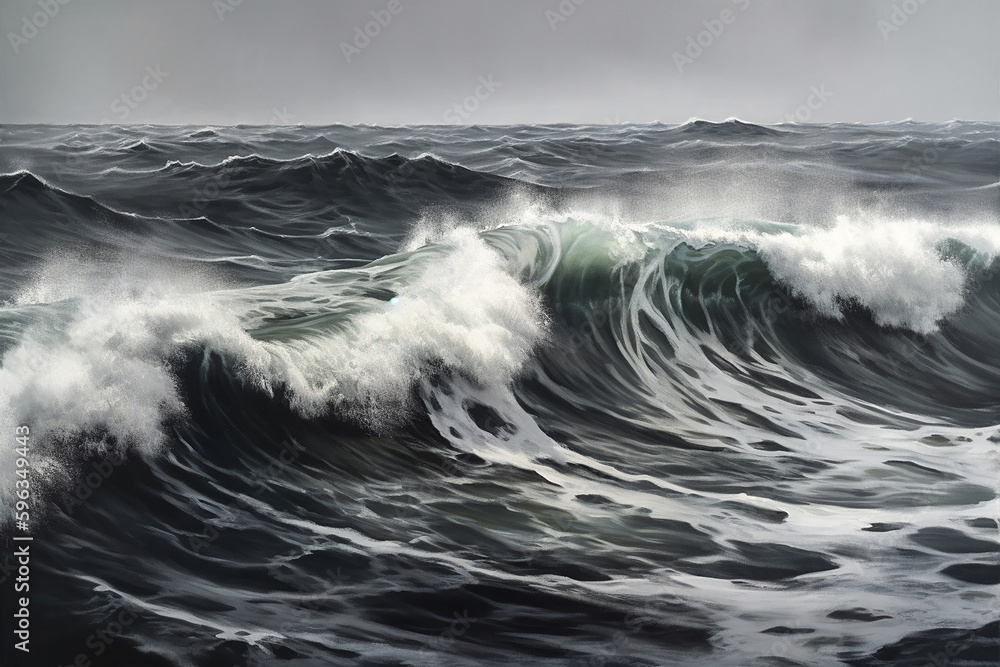 Stormy Seas. Generative AI. A digital painting of great waves and ...