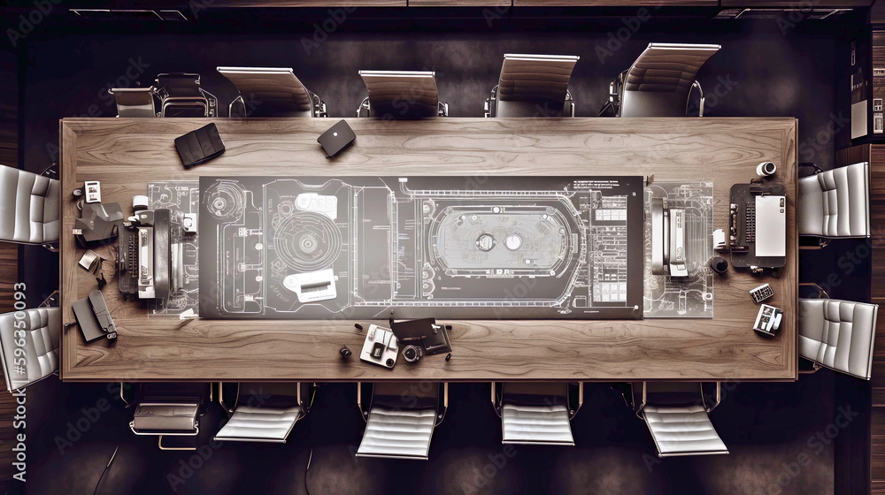 A high-angle view of a modern conference room with a wooden conference ...