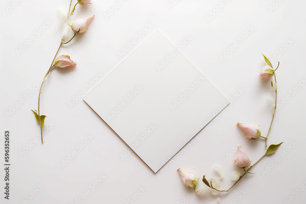 White blank invitation square card mockup with delicate pink flowers ...