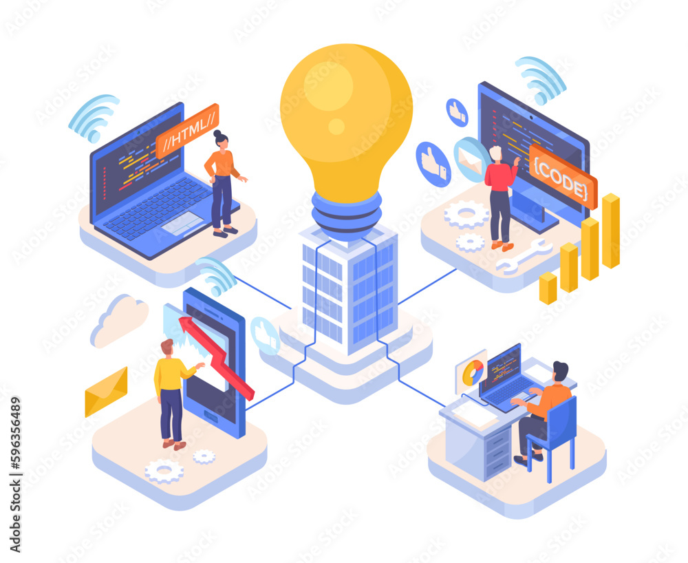 IT company isometric. Man and women working on programs, software and ...