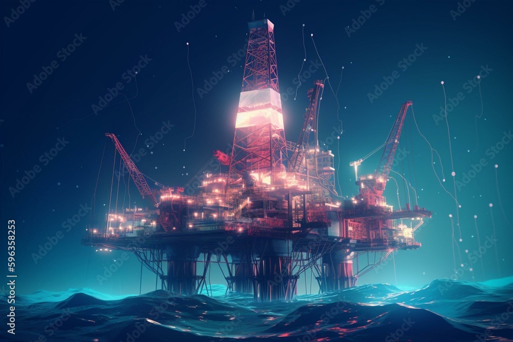 Abstract oil rig illustration with low poly derricks and pumping ...