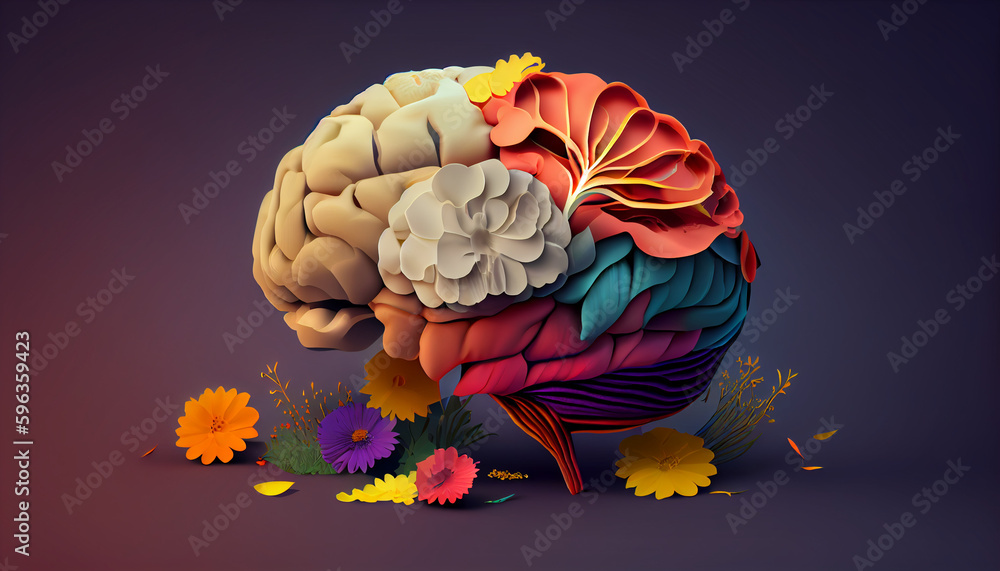 Human brain with Flowers with beautiful colorful background. Medical ...