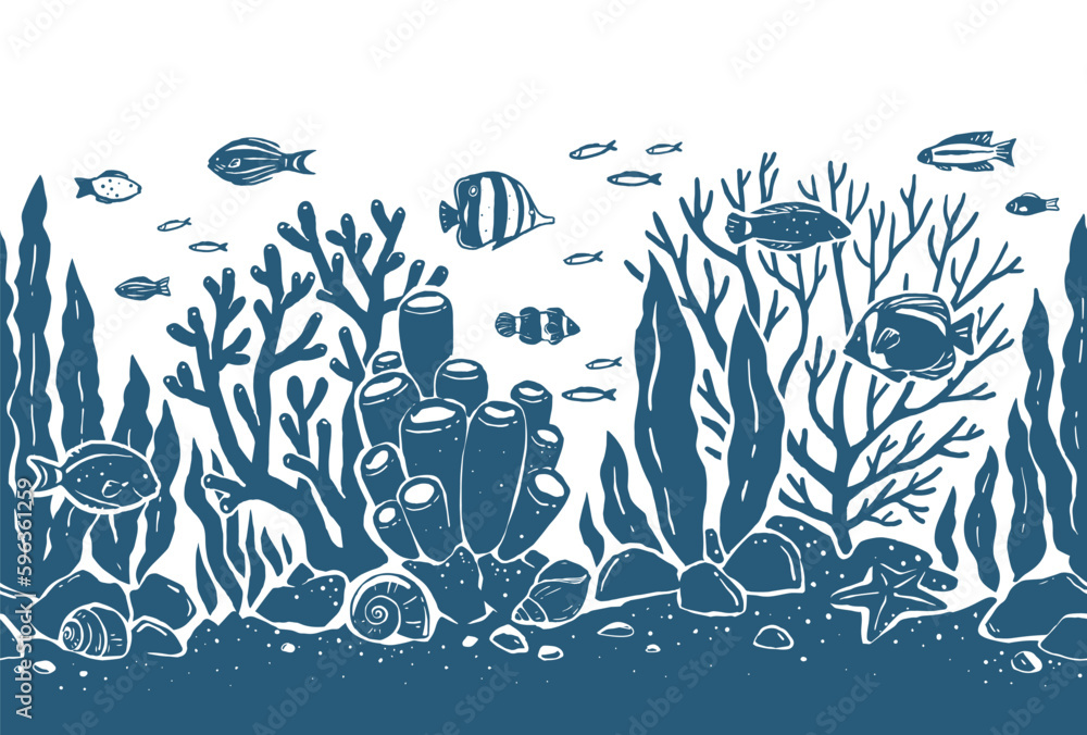 Silhouette ocean bottom. Vector horizontal seamless border pattern with ...