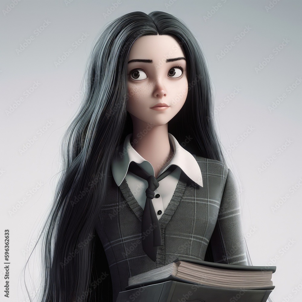 Gothic style girl, cartoon character, 3d, beautiful black hair, looks ...