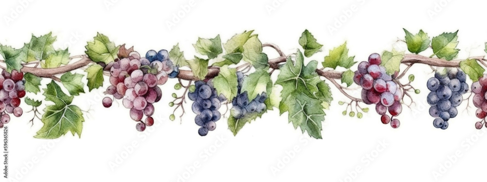 Seamless Tile Watercolor Row of Fresh Grapes on the Vine on a White Background - Generative AI ...