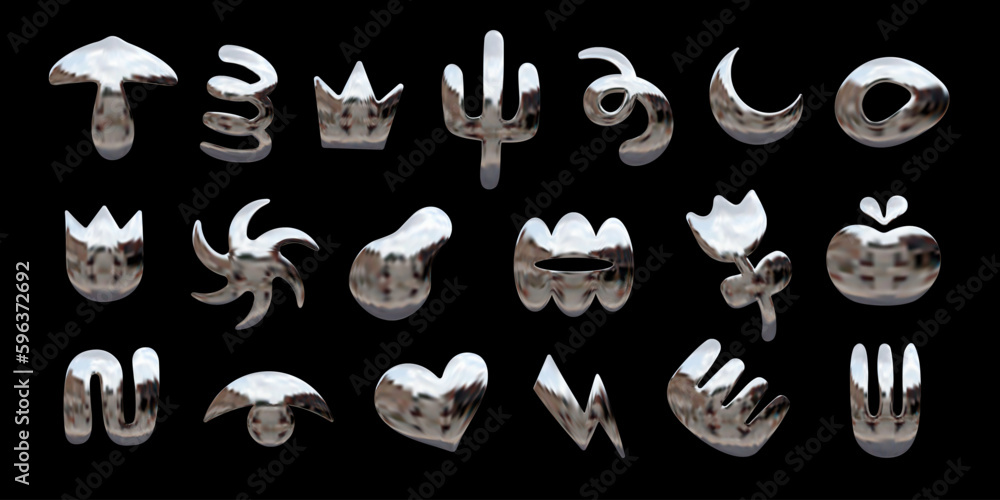 Set of various isolated chrome 3D elements in Y2K design style, shiny ...