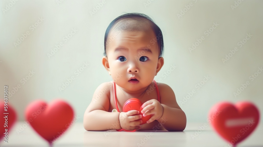 Asian newborn baby with heart organ line for children's heart health ...