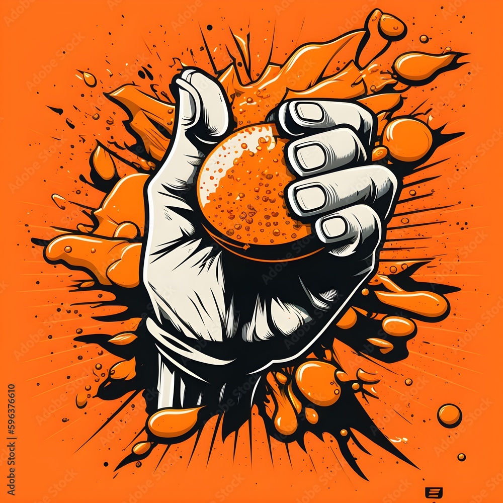 human fist squeezing orange slice smashing crushing orange gray white ...
