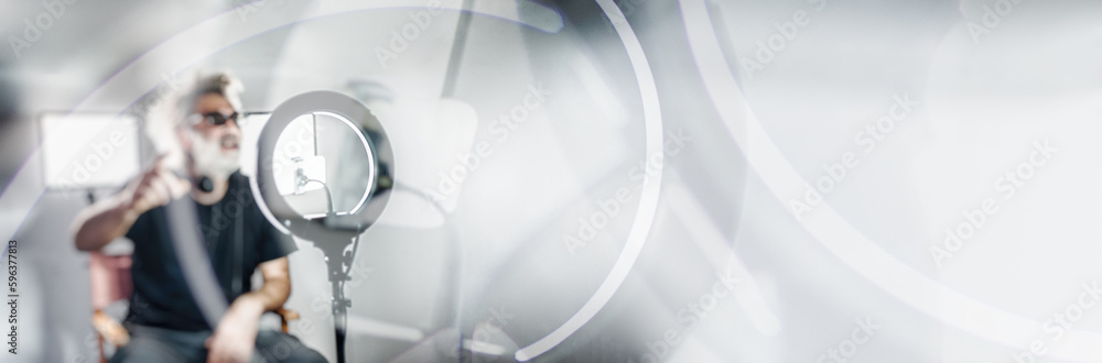 Radio host, charming influencer, records a live show with equipment ...