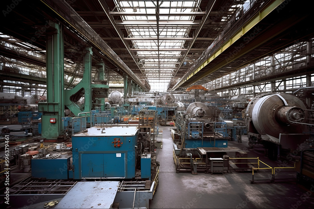 Business operations, manufacturing plant with heavy machinery ...