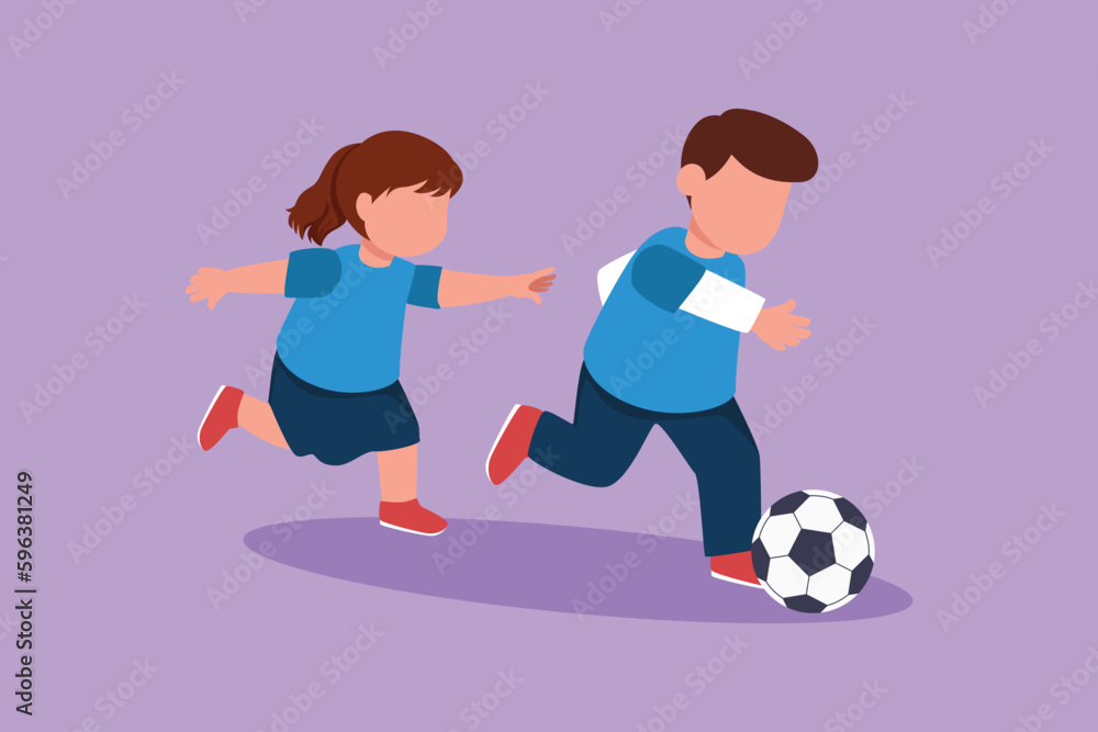 Graphic flat design drawing cute little boy and girl playing football ...