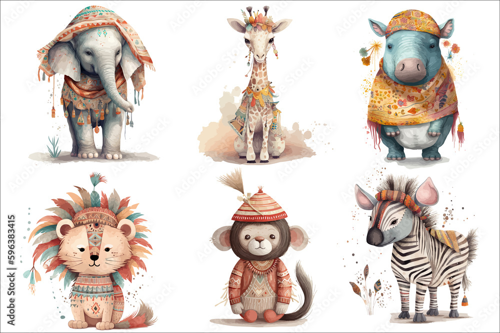Safari Animal set hippopotamus, lion, giraffe, elephant, zebra and ...
